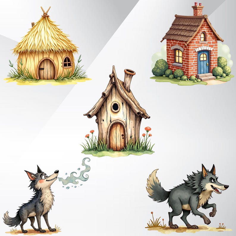 The Three Little Pigs Clipart Pack – Fairy Tale Illustrations – Digital ...