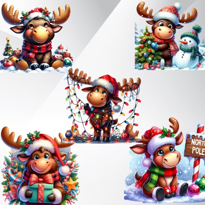 Christmas Moose Cartoon Clipart Pack, Adorable Festive Moose ...