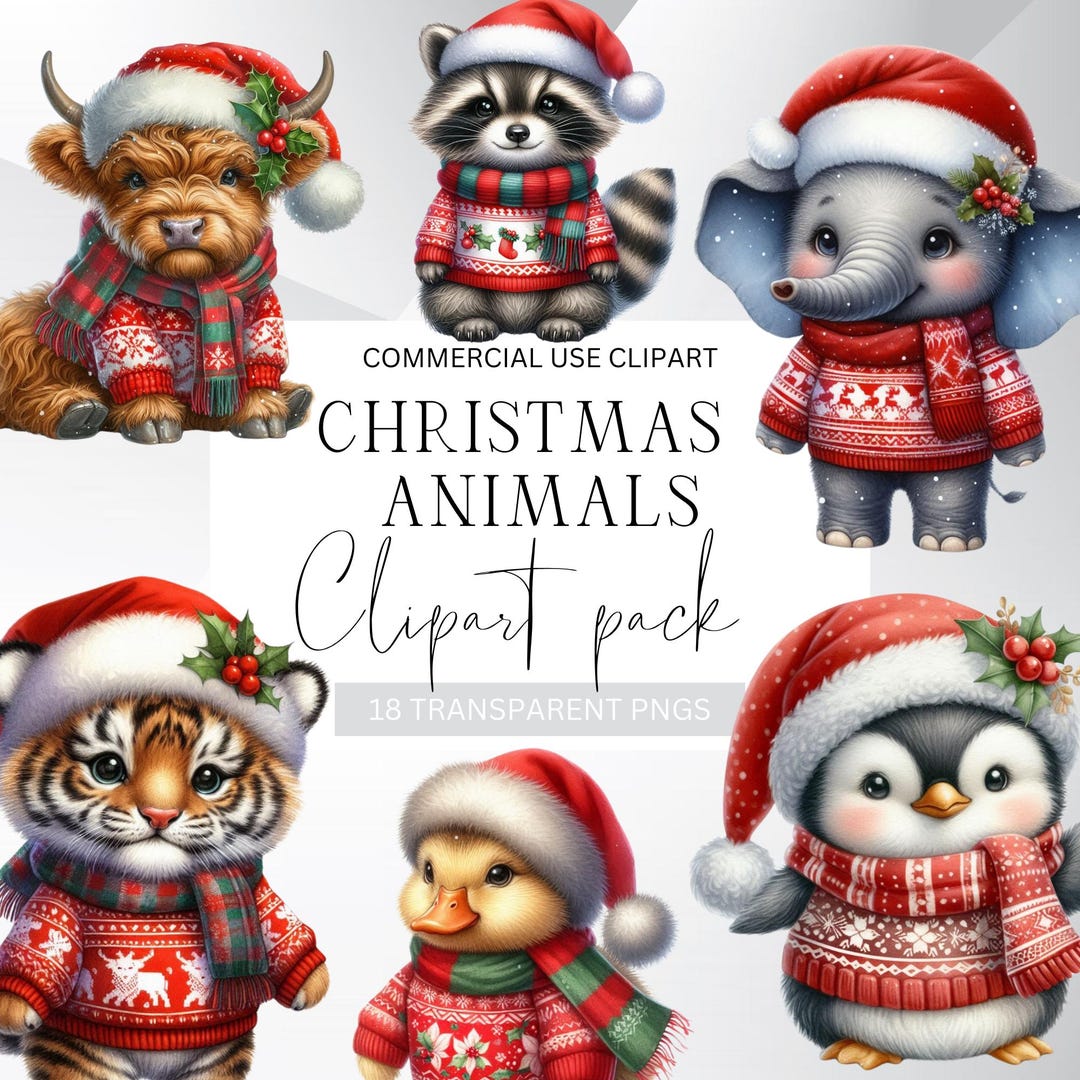 Christmas Animals Clipart Pack, Cute Santa Illustrations, DIY Crafts ...