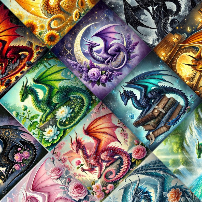 Fantasy Dragons Watercolor Digital Papers, Dragon Rider Art, Magical ...