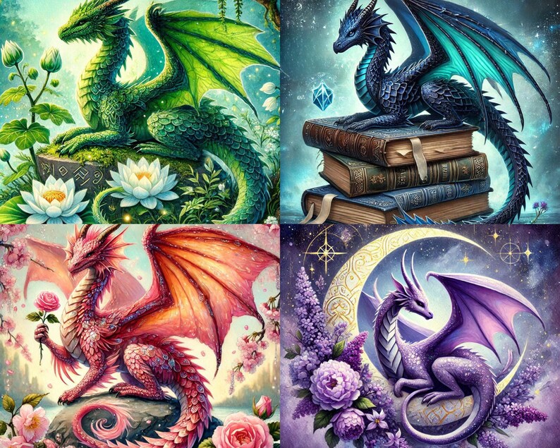 Fantasy Dragons Watercolor Digital Papers: Scrapbook & Junk Journal ...
