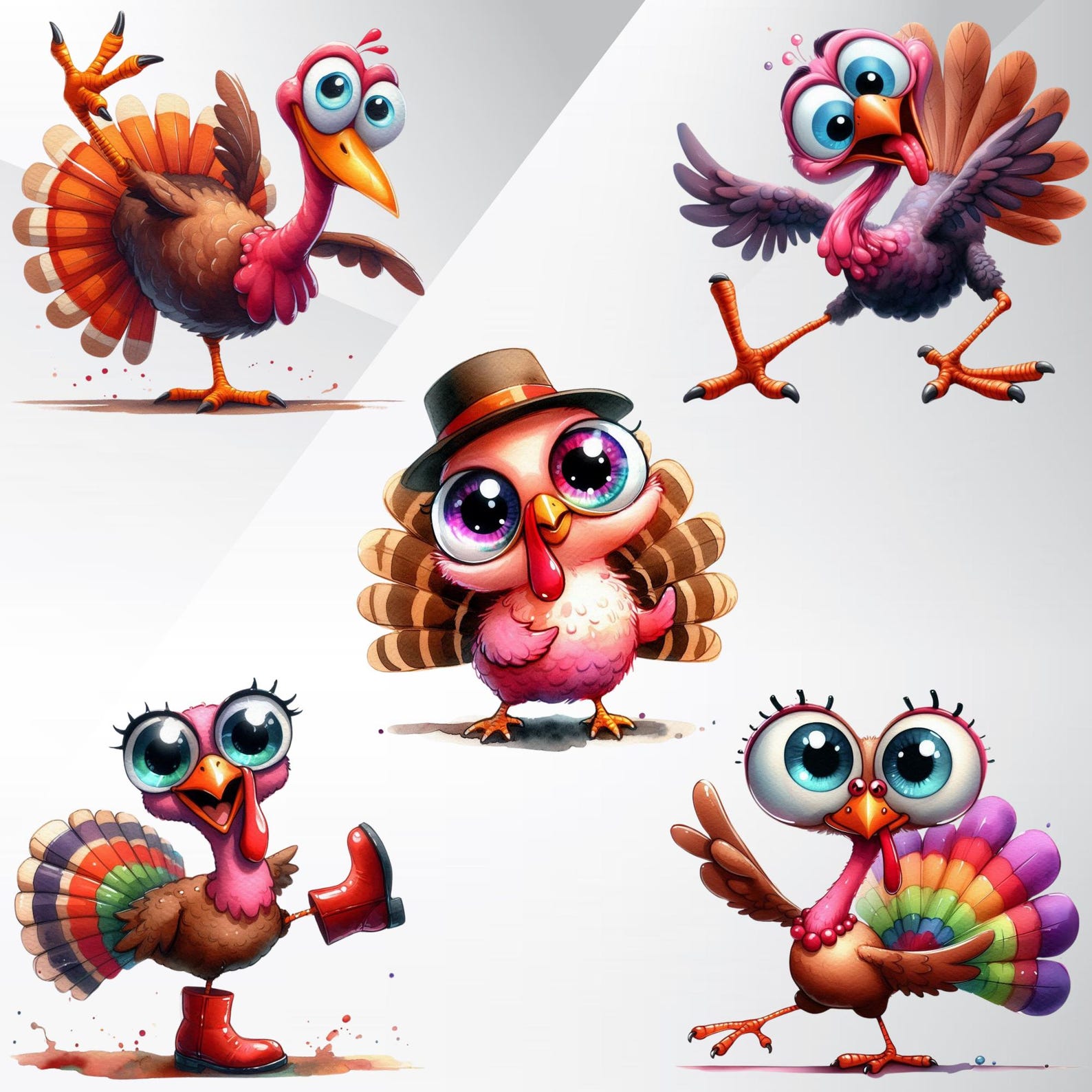 Quirky Turkey Christmas Clip Art, Fun Thanksgiving Graphics, Cartoon ...