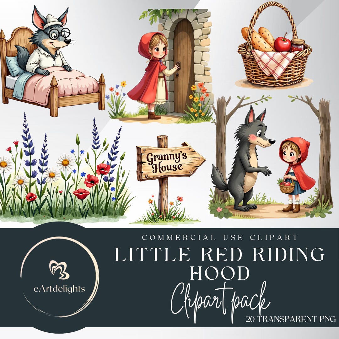 Little Red Riding Hood Clipart Pack – Fairy Tale PNG Set – Storybook ...