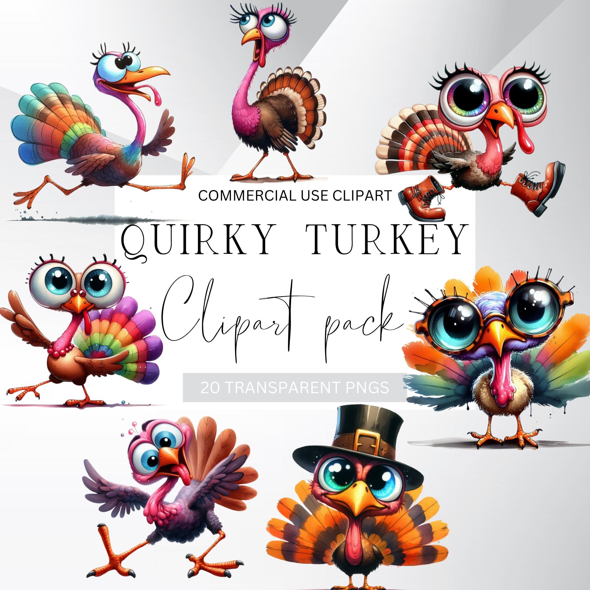 Quirky Turkey Christmas Clip Art, Fun Thanksgiving Graphics, Cartoon ...
