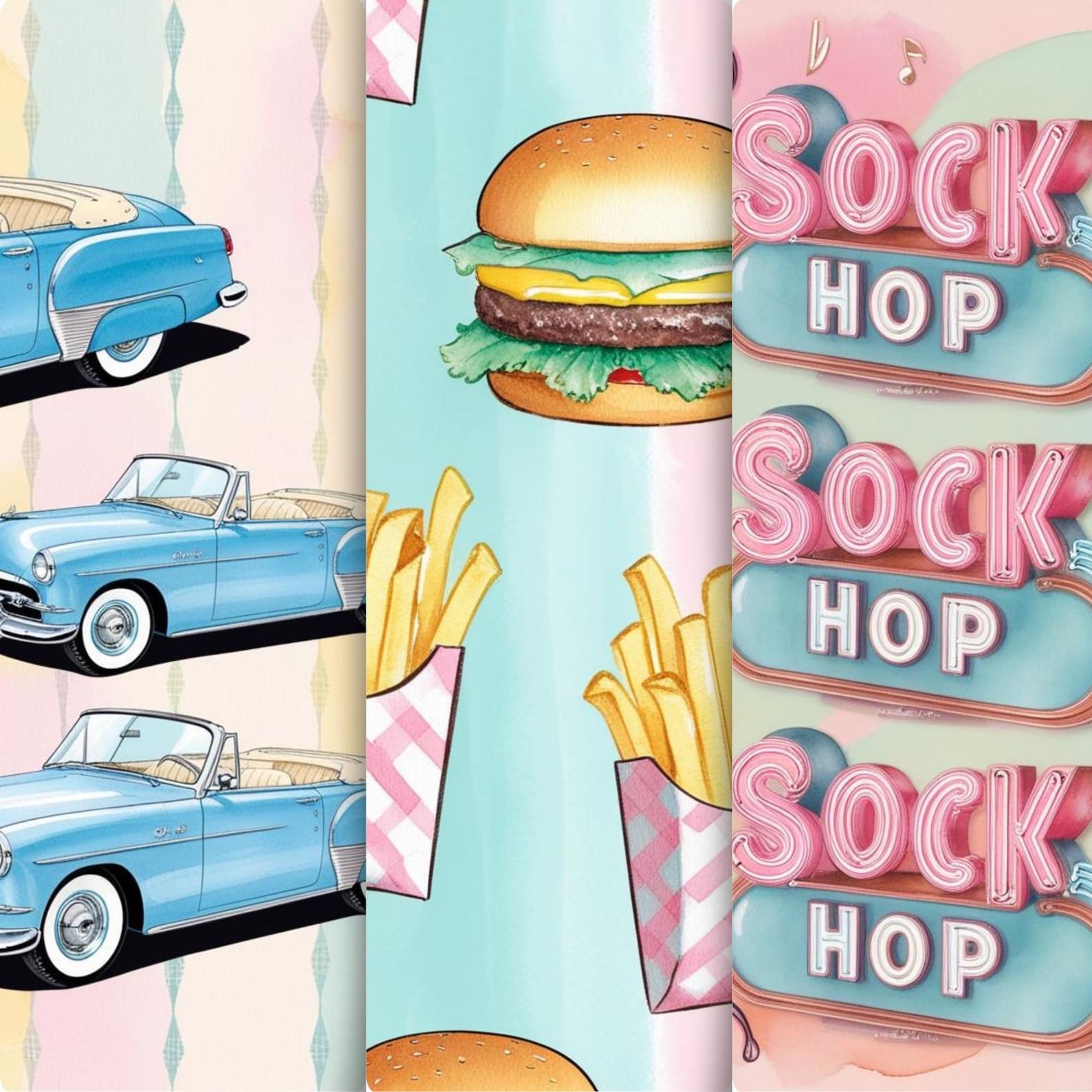 Sock Hop Digital Papers Pack, Retro 50s Diner With Milkshakes, Jukebox ...