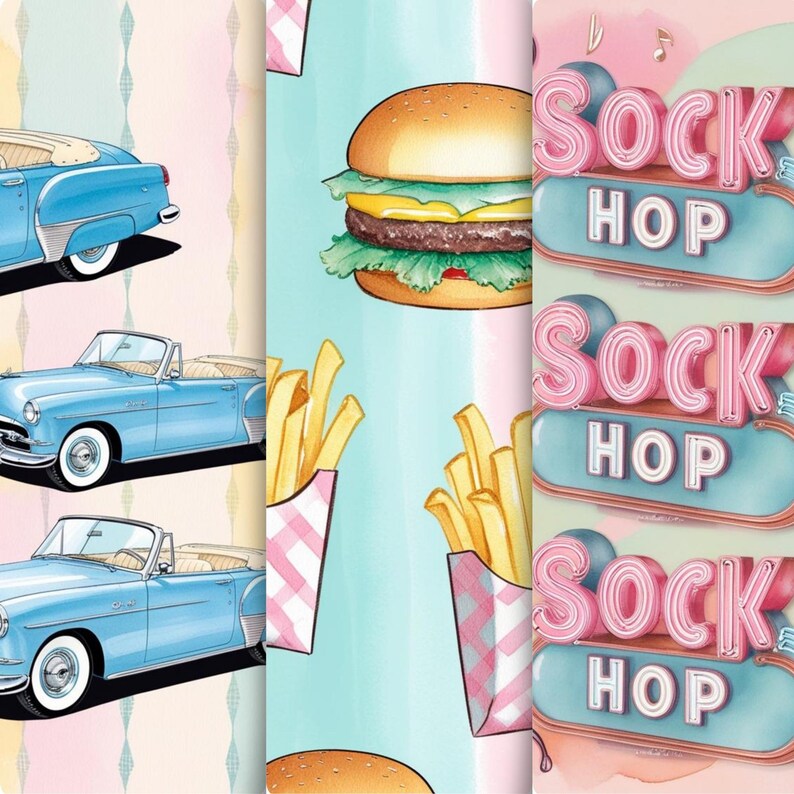 Sock Hop Digital Papers Pack, Retro 50s Diner With Milkshakes, Jukebox ...