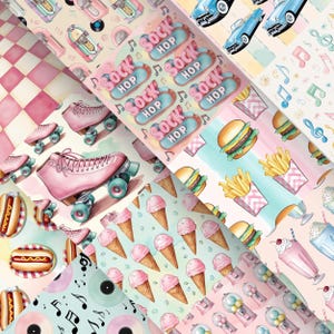 Sock Hop Digital Papers Pack, Retro 50s Diner With Milkshakes, Jukebox ...