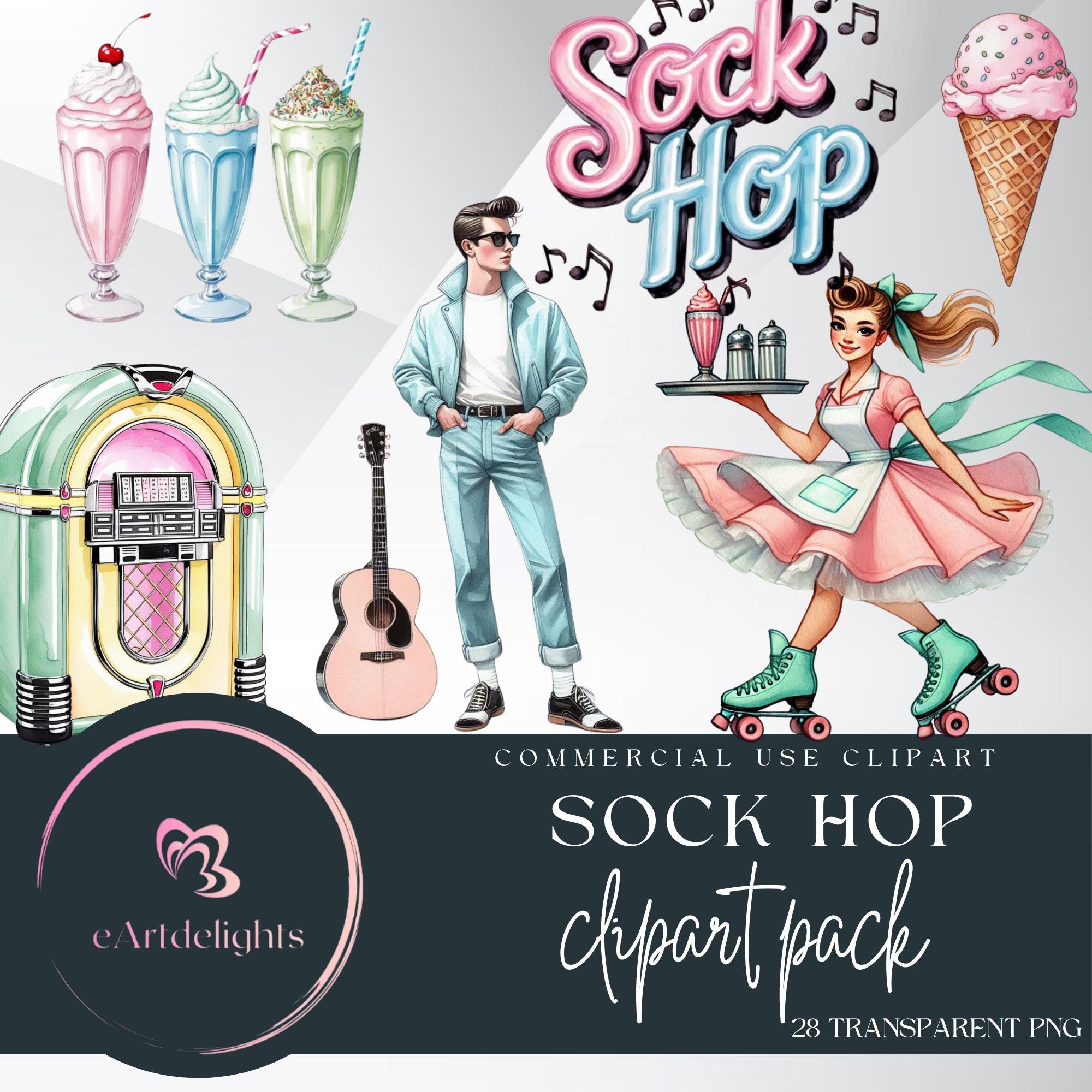 Sock Hop Clipart Pack, Retro 50s Diner Clipart With Milkshakes, Jukebox ...