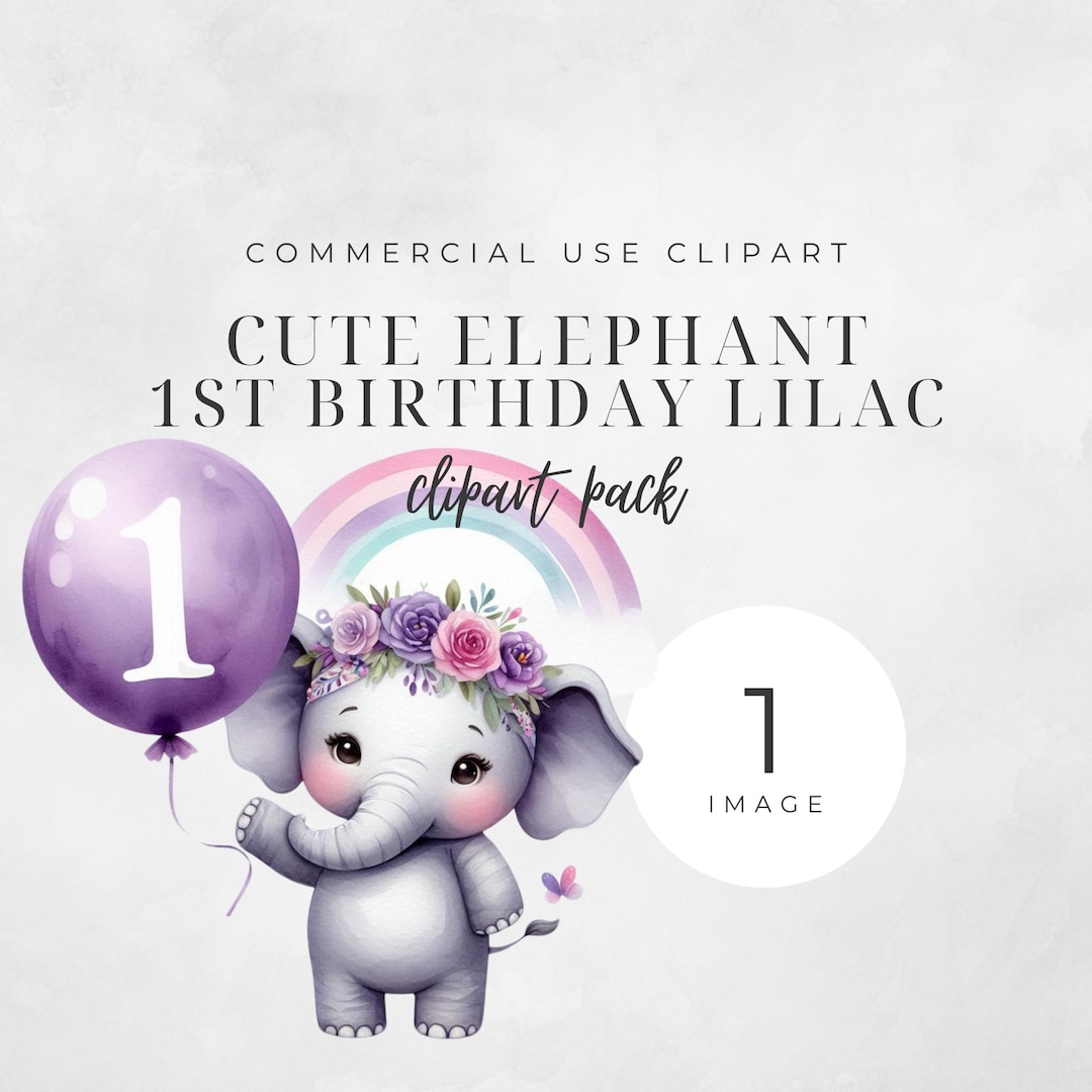 Cute Baby Elephant Clipart, 1st Birthday, Lilac Rainbow | SINGLE IMAGE ...