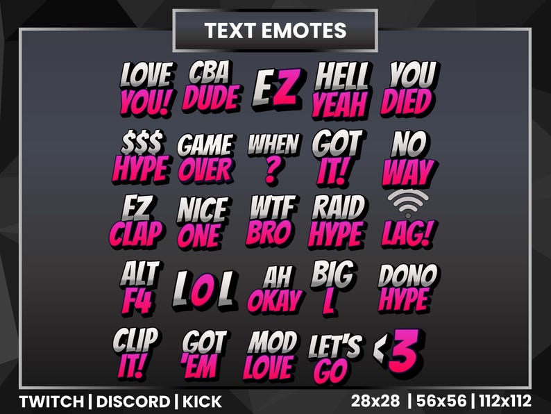 50 Text Emotes | Grey Pink Text Emotes | Twitch Emotes | Discord | Kick ...