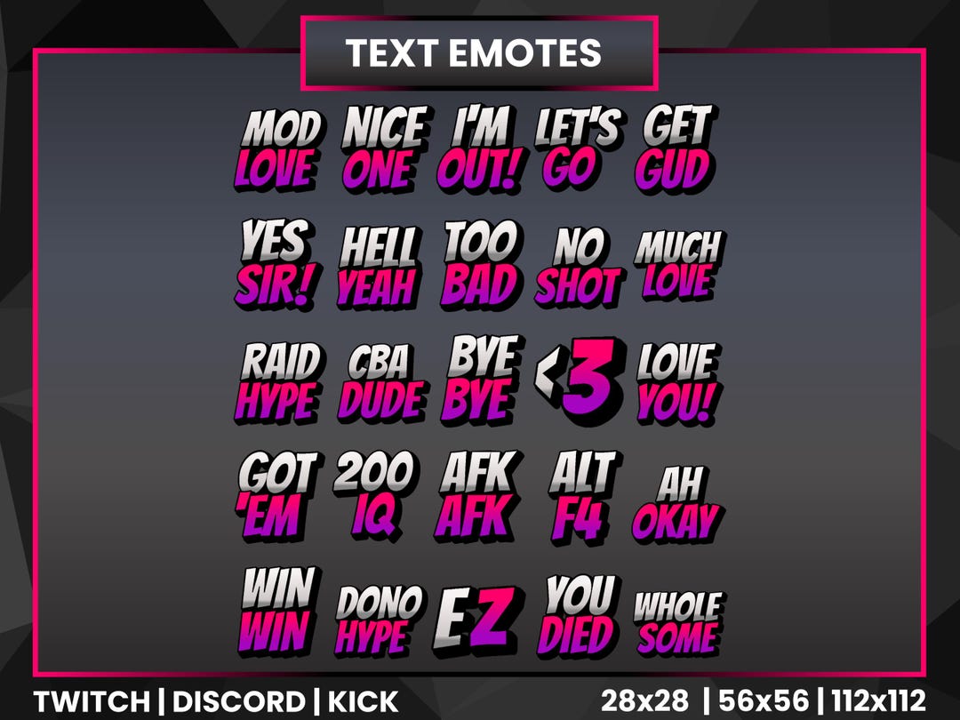 50 Text Emotes | Pink and Purple Gradient Text Emotes | Twitch Emotes ...