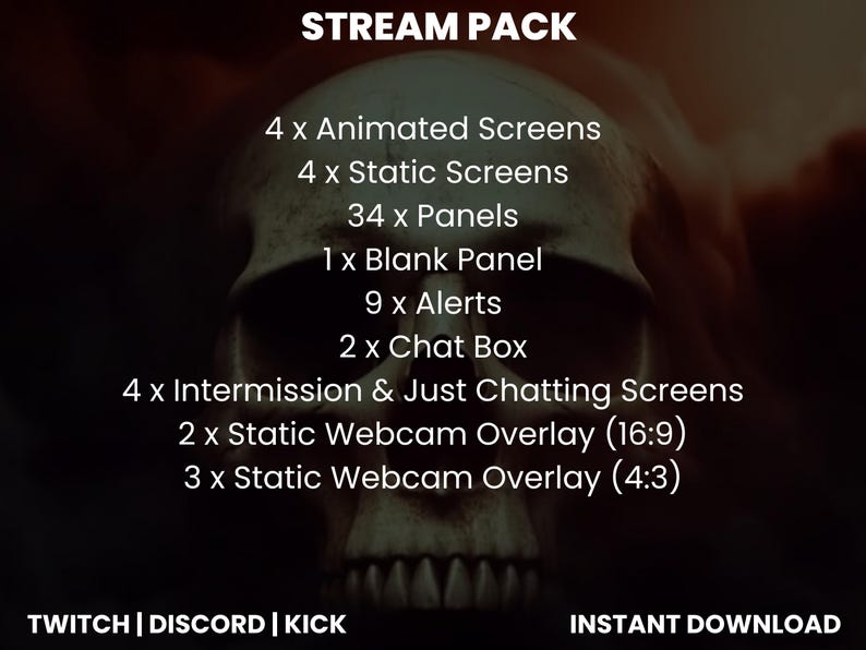 Gothic Skull Stream Overlay Pack for OBS Twitch Kick – Animated Stream ...