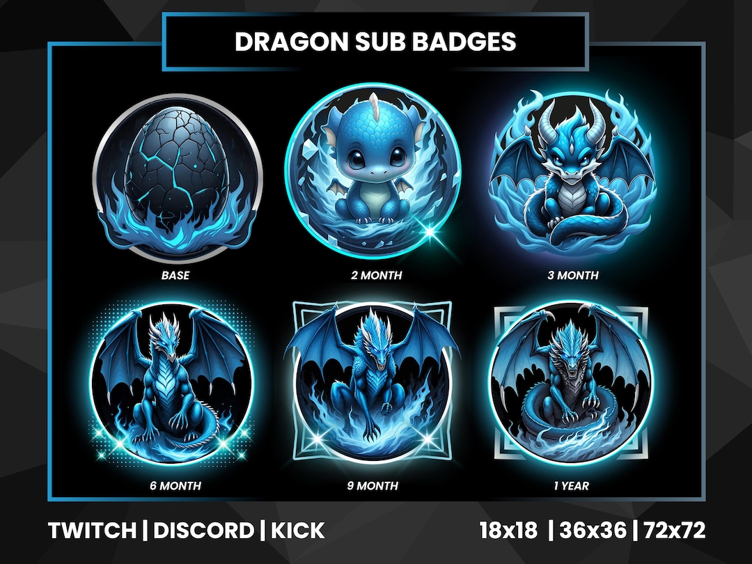 Ice Blue Dragon Sub Badges for Twitch, Kick, Discord | Evolving Frozen ...