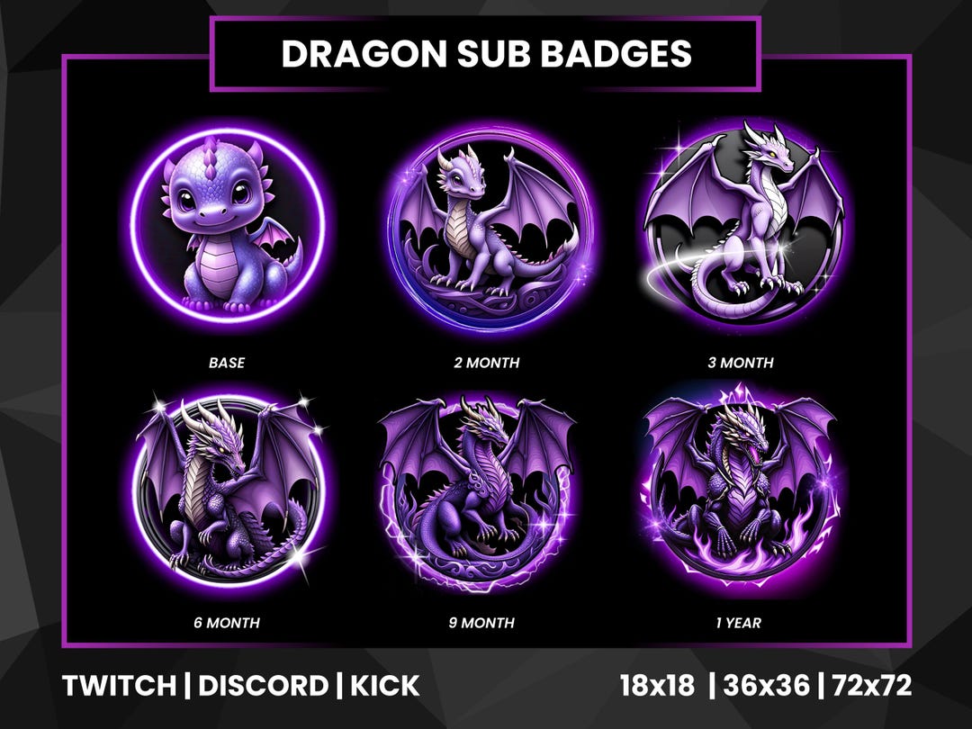 Purple Dragon Twitch Sub Badges | Bit Badges Twitch | Neon Purple ...