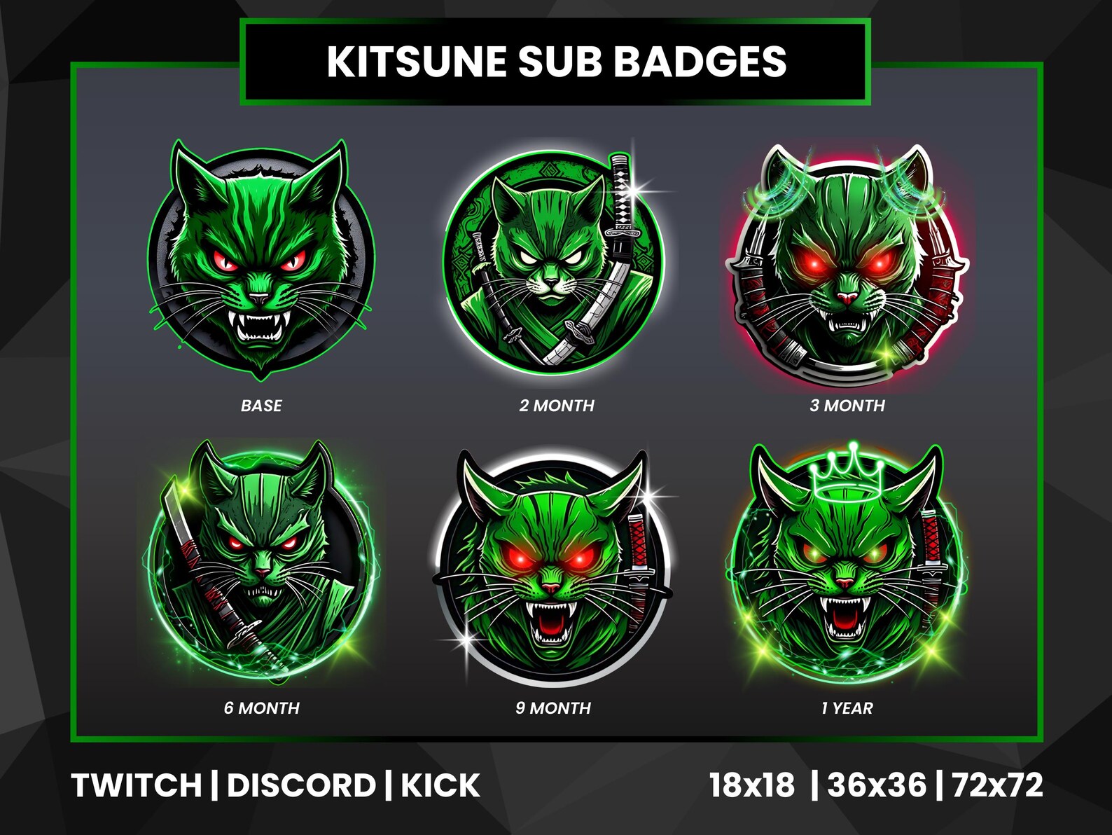 Ninja Kitten Twitch Sub Badges | Twitch Badges | Green Bit Badges ...