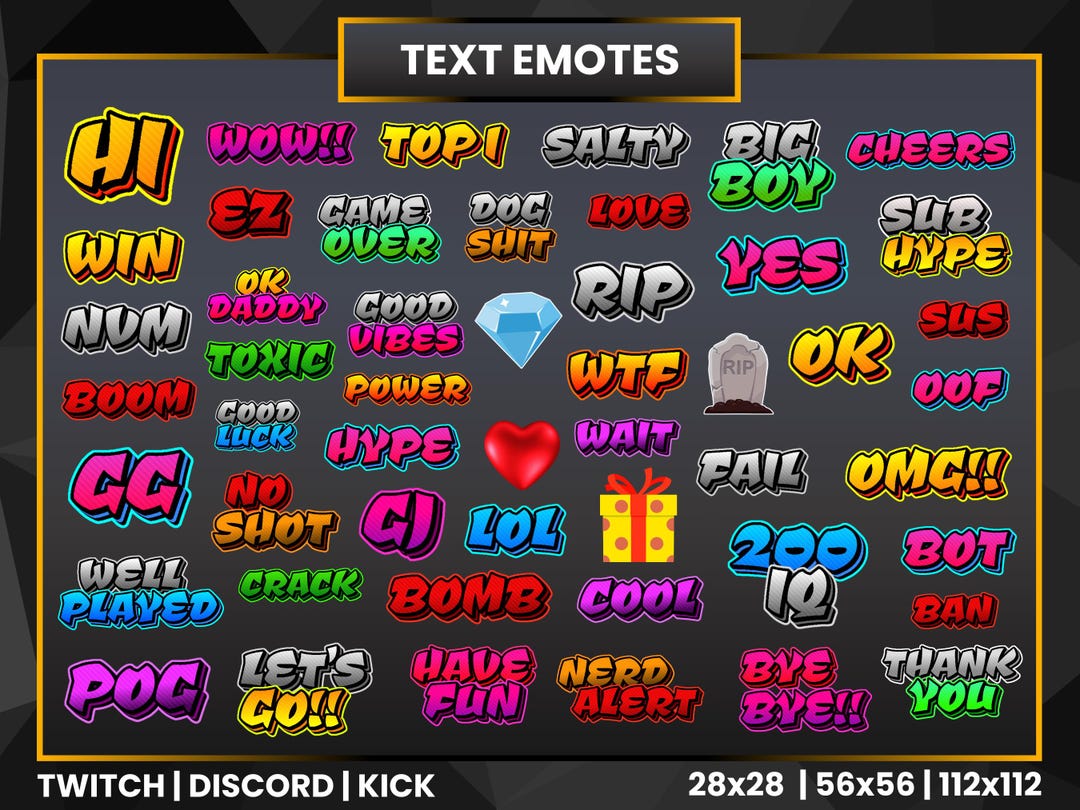 50 Text Emotes | Twitch Emotes | Discord | Kick | Colourful Neon Emotes ...
