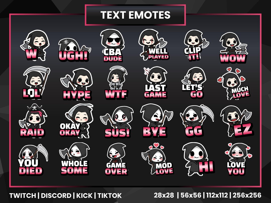 Kawaii Girl Reaper Twitch Emotes – 24x Text Emote Sub Badges for ...