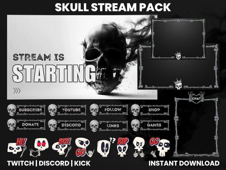 Skull Twitch Stream Pack | Twitch Screen Overlay | Twitch Panels ...