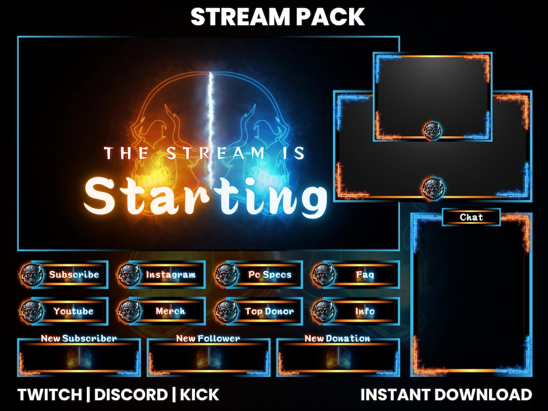 Neon Fire and Ice Skull Twitch Stream Pack | Twitch Screen Overlay ...