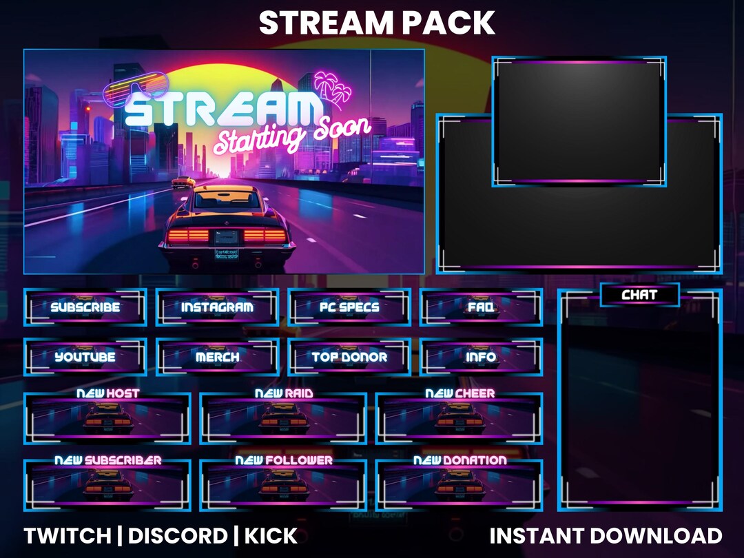 Animated Twitch Stream Pack | Moving Car Stream Pack | Neon Sunset | Twitch Screen Overlay ...