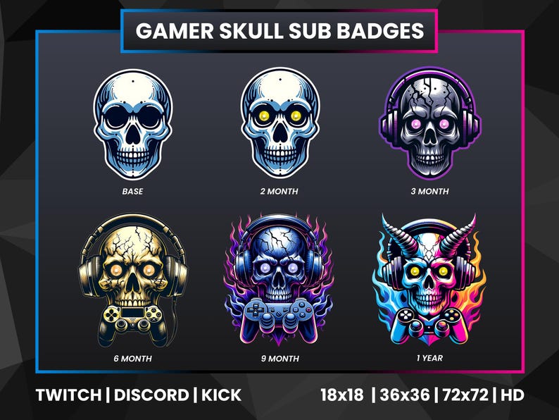 Twitch Sub Badges | Bit Badges Twitch | Twitch Badges | Gamer Skull ...