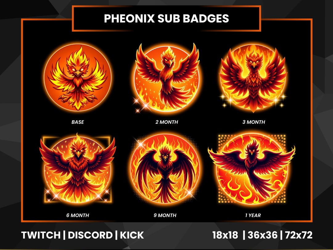 Fiery Phoenix Twitch Sub Badges | Flame Bird Loyalty Icons | Twitch ...