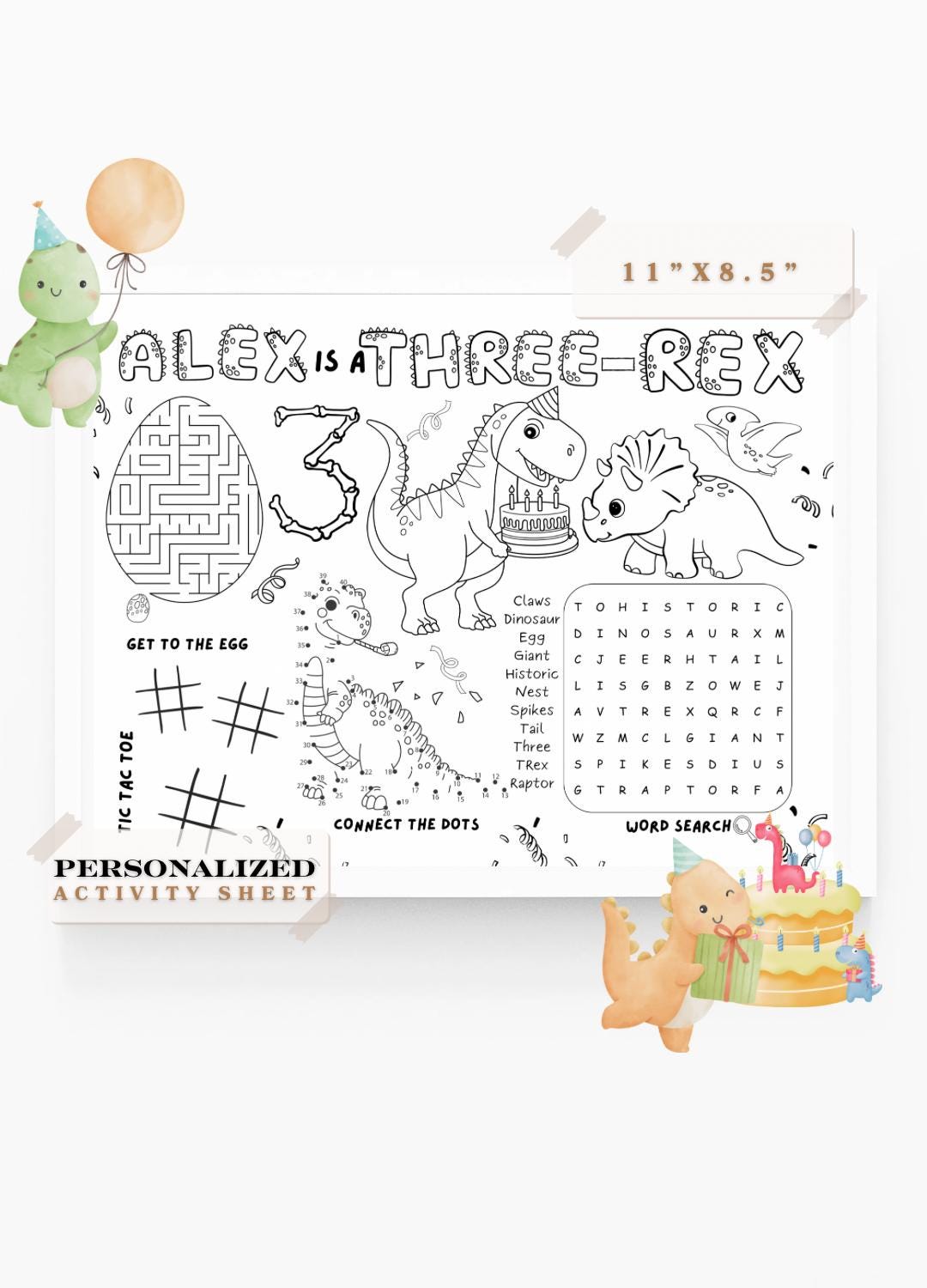 Personalized Dinosaur Activity Sheet | Dinosaur Party Favor | Dino ...