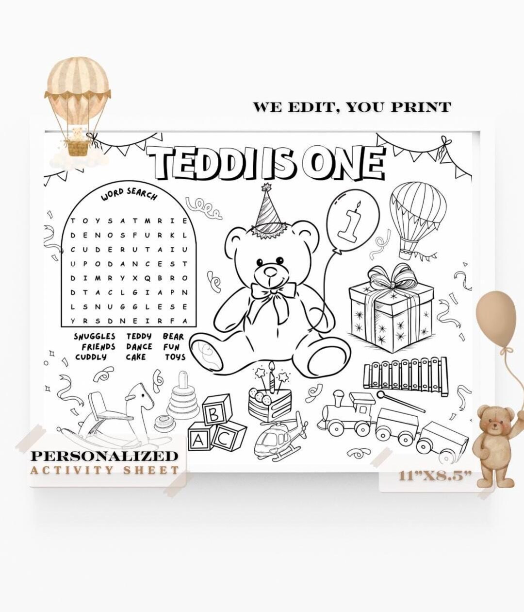 Personalized Teddy Bear Activity Sheet | Party Favor | Pooh Theme Kids ...