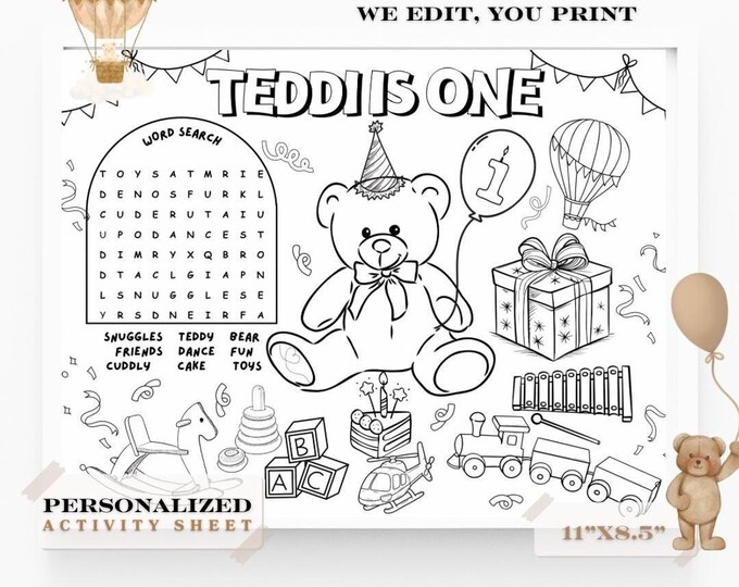 Personalized Teddy Bear Activity Sheet | Party Favor | Pooh Theme Kids ...