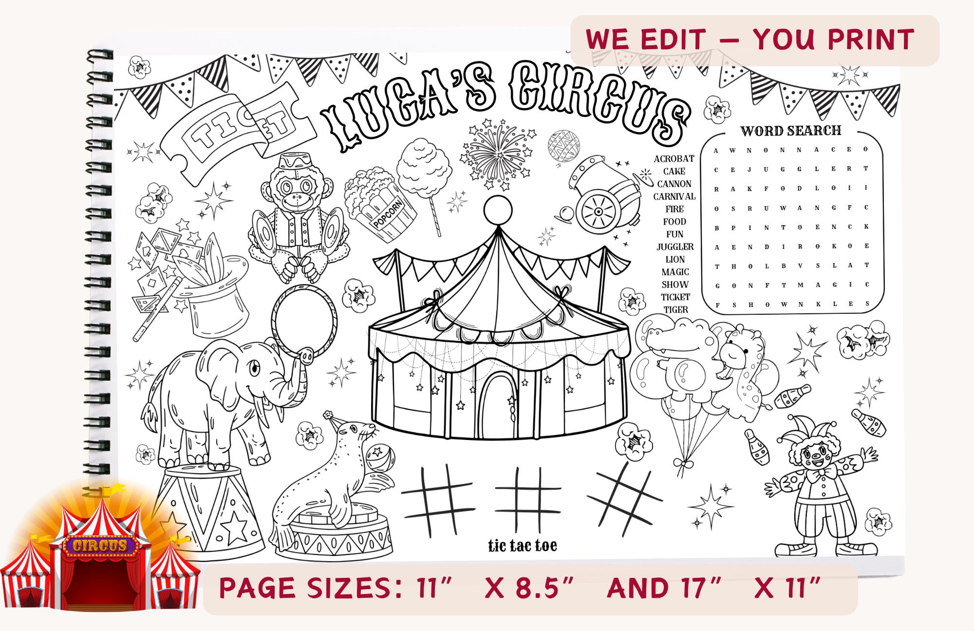 Personalized Circus Theme Activity Sheet| Printable Kids Carnival Party ...