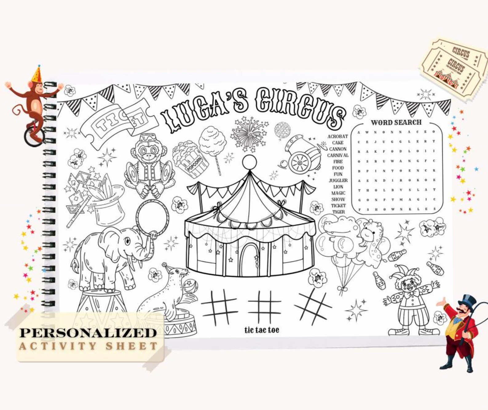 Personalized Circus Theme Activity Sheet| Printable Kids Carnival Party ...