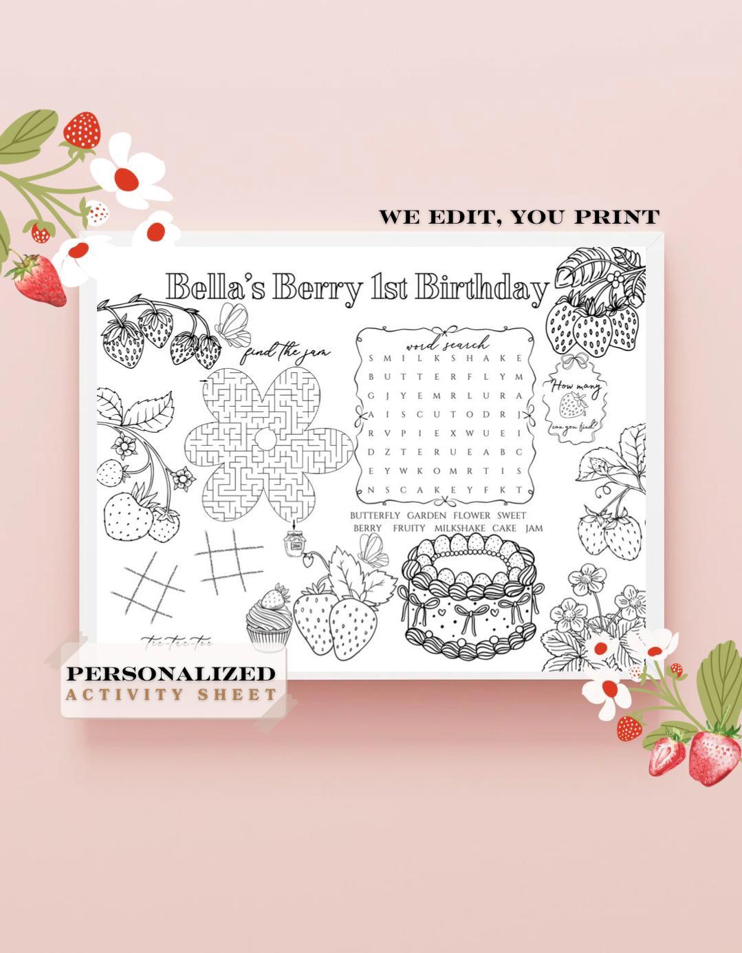 Strawberry Activity Sheet | Party Favor | Berry First Birthday Activity ...