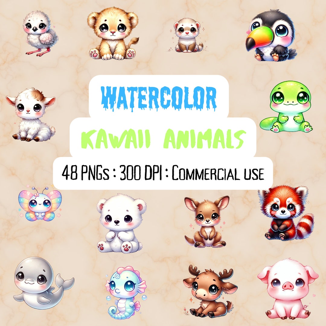 48 Watercolor Kawaii Animals Clipart 48 Pngs Cute Animal Graphics for ...