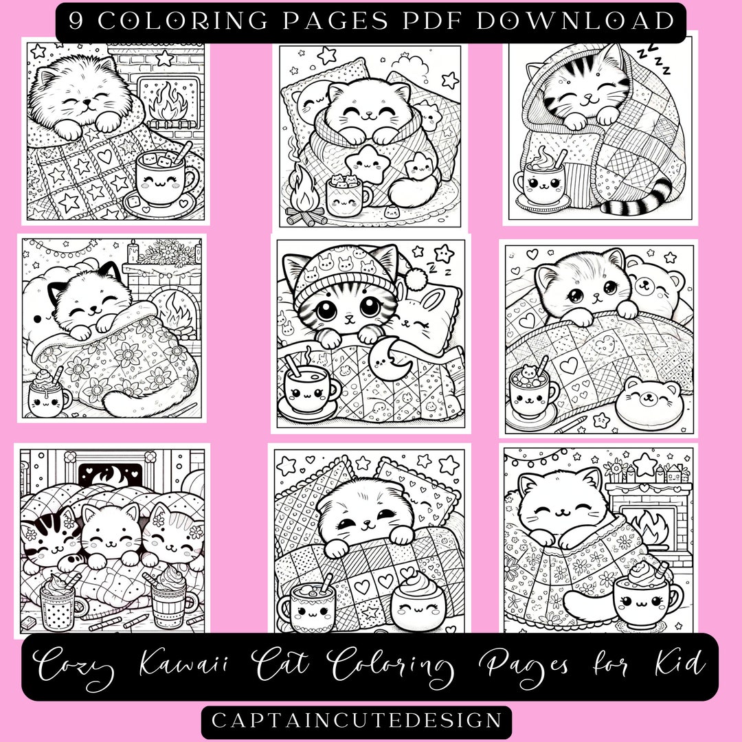 Cozy Kawaii Cat Coloring Pages | Cute & Relaxing Digital Download ...