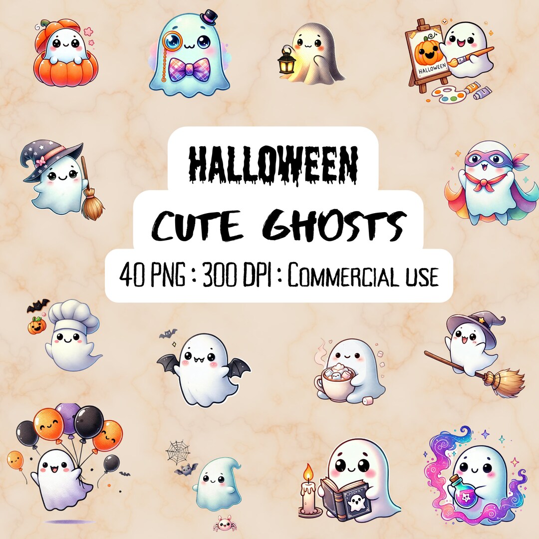40 Cute Halloween Ghost Clipart – Kawaii Spooky PNG (digital Download ...