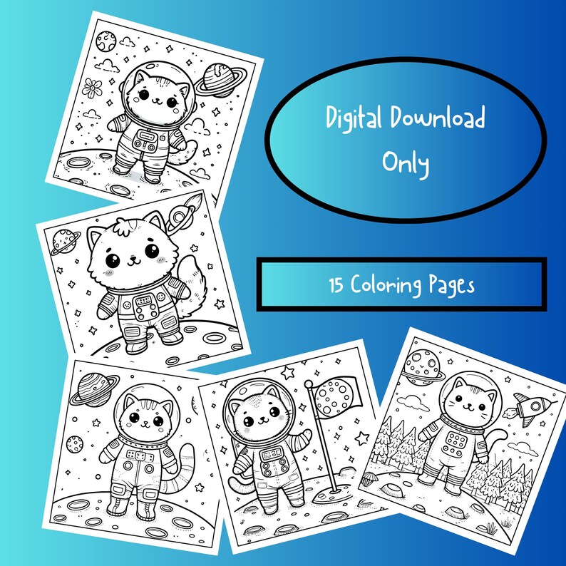 Space Cat Coloring Book Digital Download, Cute Astronaut Kitten ...