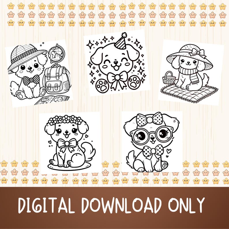 20 Simple Coloring Pages for Kids, Kawaii Dog Designs, Festive and Cozy ...