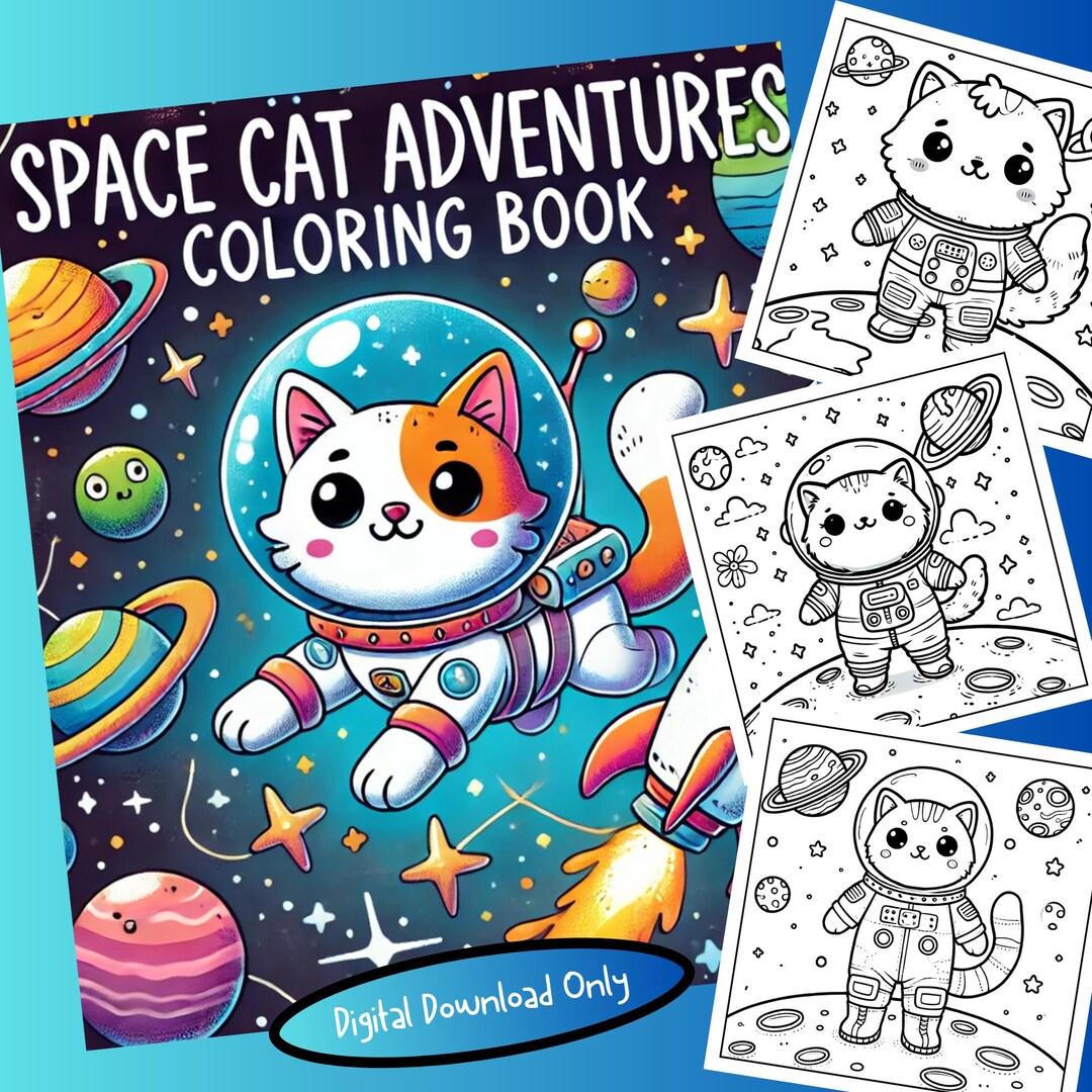 Space Cat Coloring Book Digital Download, Cute Astronaut Kitten ...