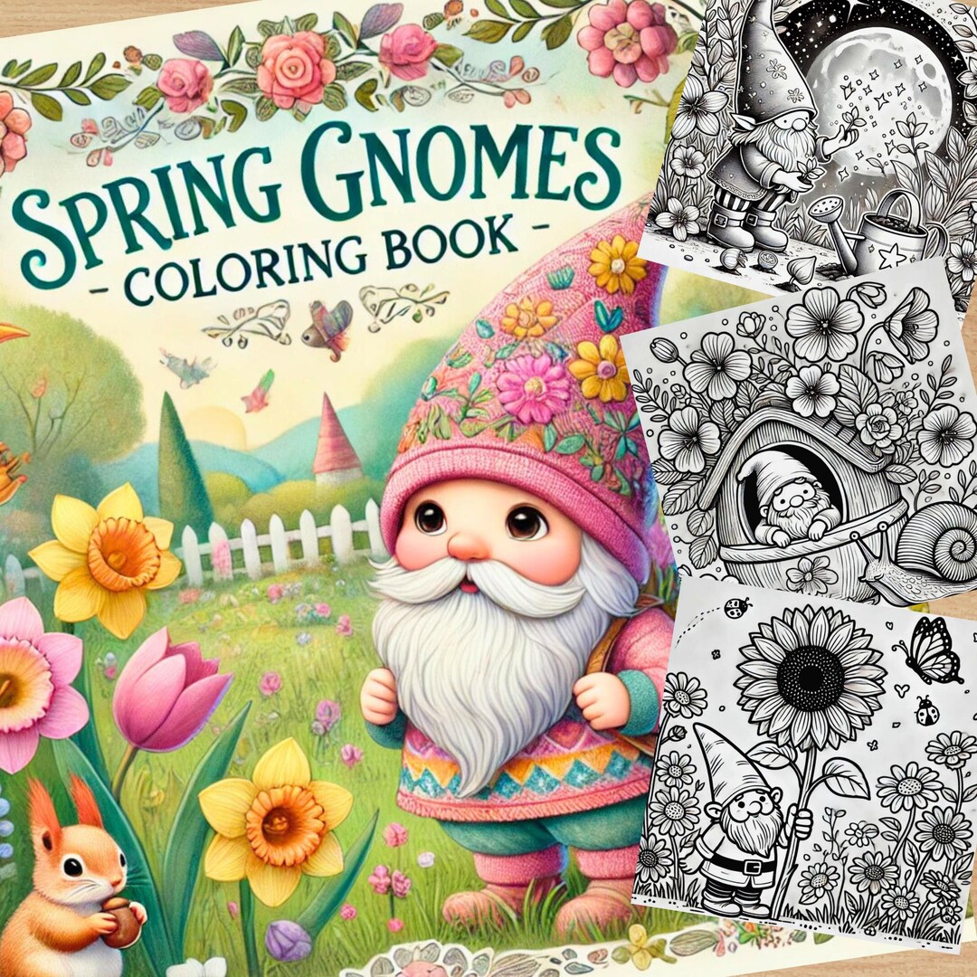 Spring Gnomes Coloring Book Digital Download -40 Pages of Whimsical ...