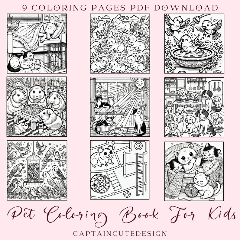 9 Simple Coloring Pages for Kids| A Fun Pet Coloring Book | Relaxing ...