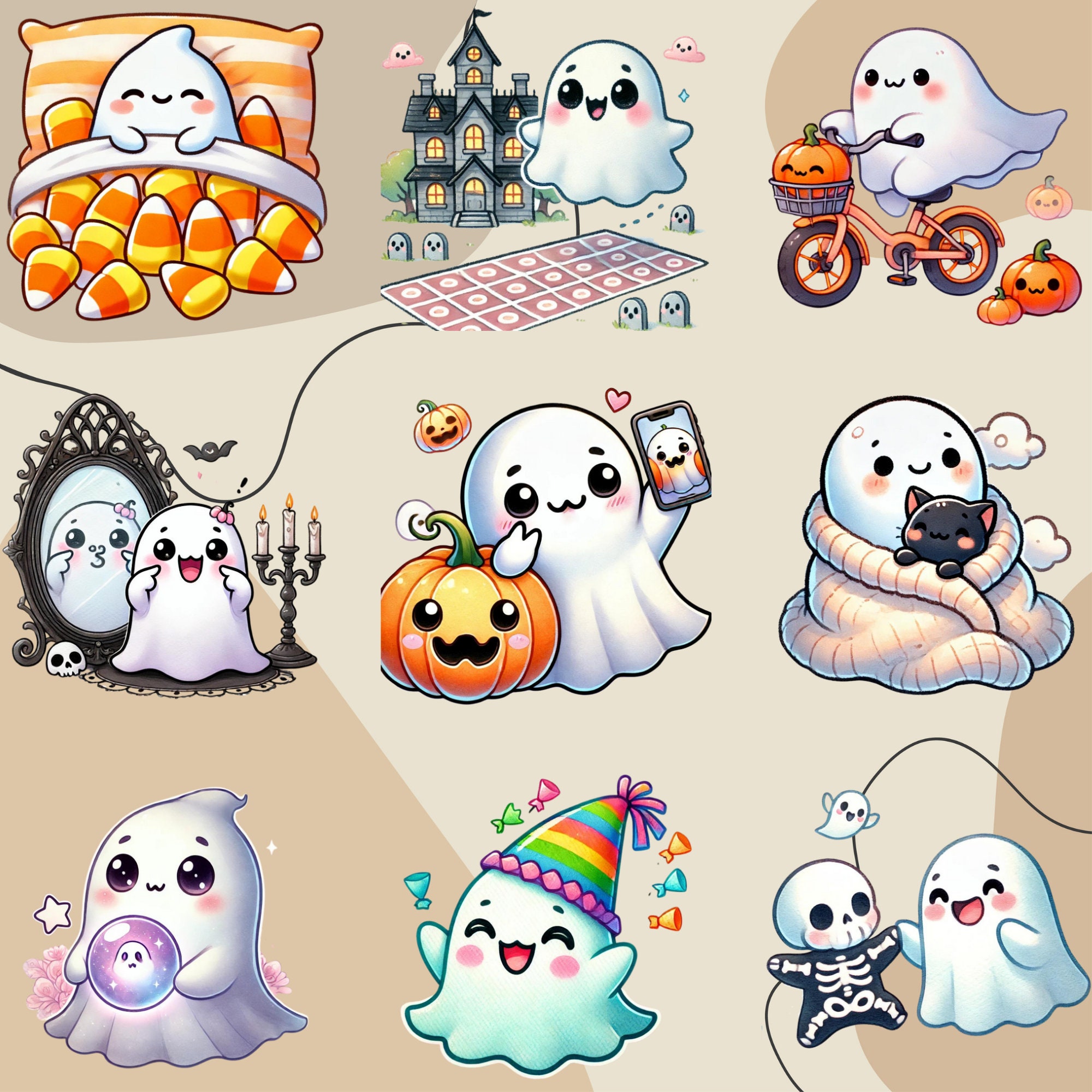 40 Cute Halloween Ghost Clipart – Kawaii Spooky PNG (digital Download ...