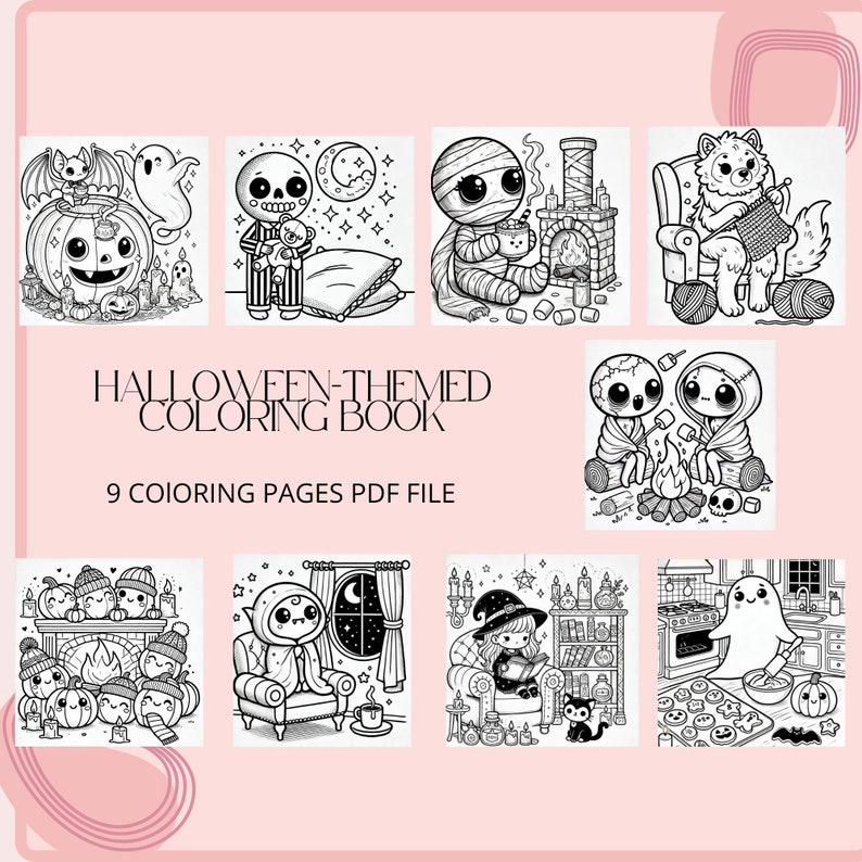 Halloween-themed Coloring Book 9 Pages. spooky Cutie Cozy Coloring for ...