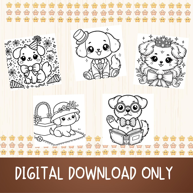 20 Simple Coloring Pages for Kids, Kawaii Dog Designs, Festive and Cozy ...
