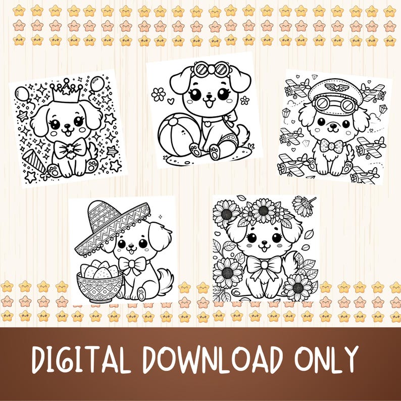 20 Simple Coloring Pages for Kids, Kawaii Dog Designs, Festive and Cozy ...