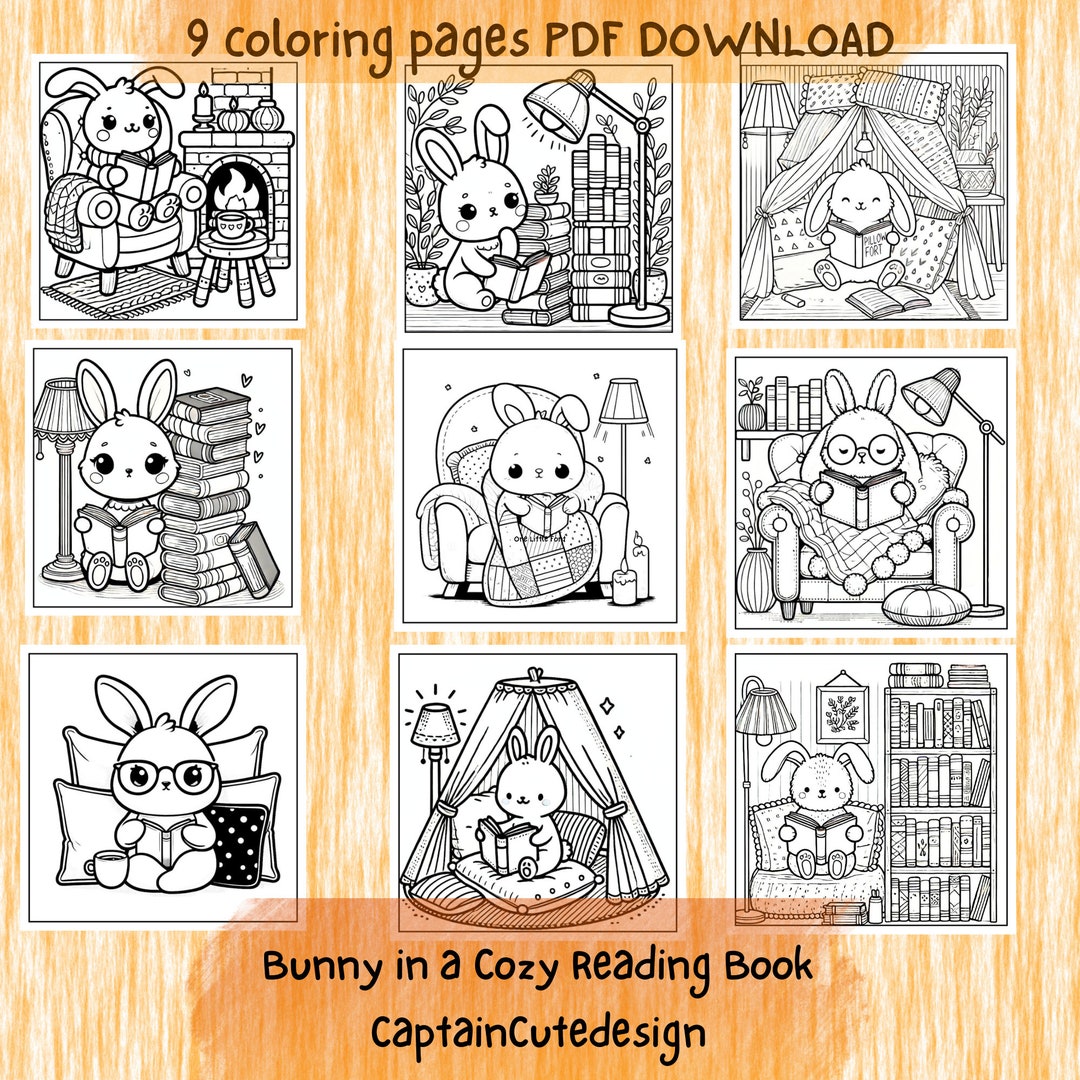 9 Cozy Bunny Reading Book Coloring Pages – Instant PDF Download ...