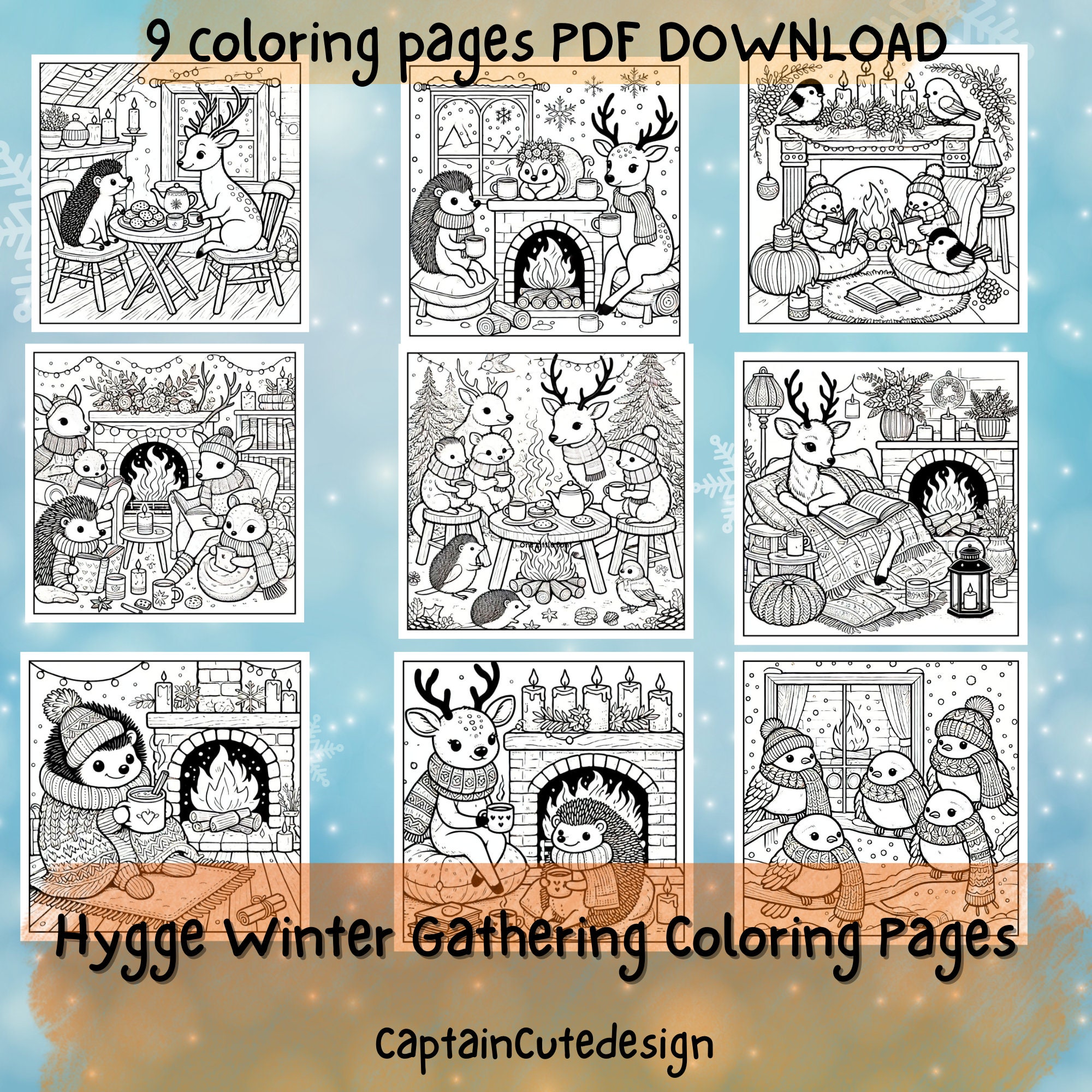 Hygge Winter Gathering Coloring Pages | Cozy Animals by the Fireplace ...