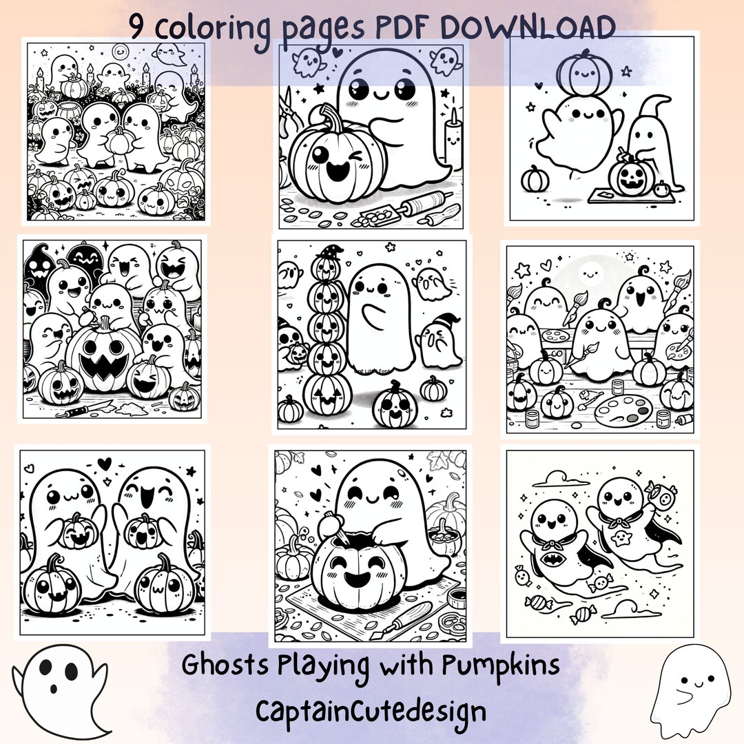 Ghosts Playing With Pumpkins Coloring Pages Halloween Digital Download ...