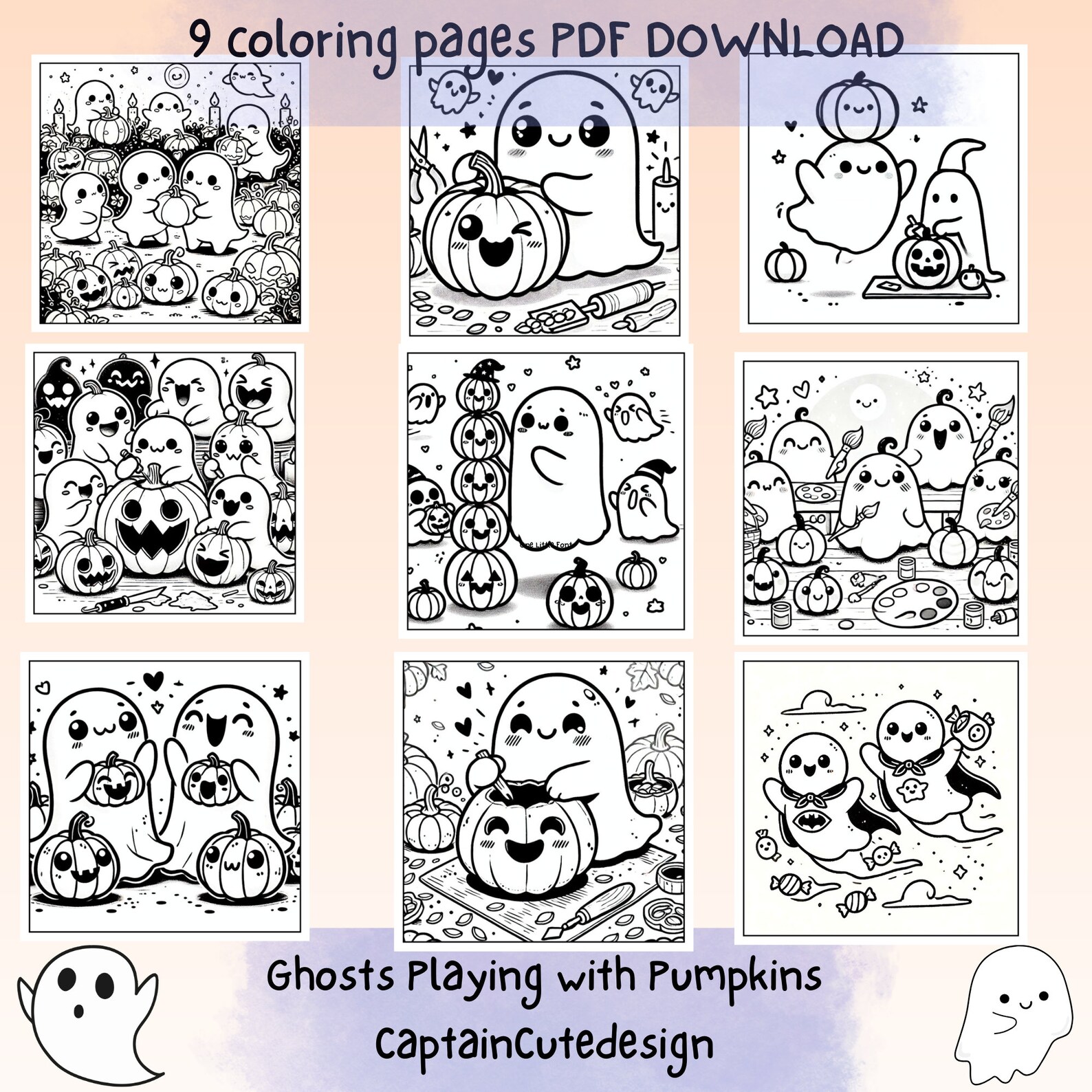 Ghosts Playing With Pumpkins Coloring Pages Halloween Digital Download ...
