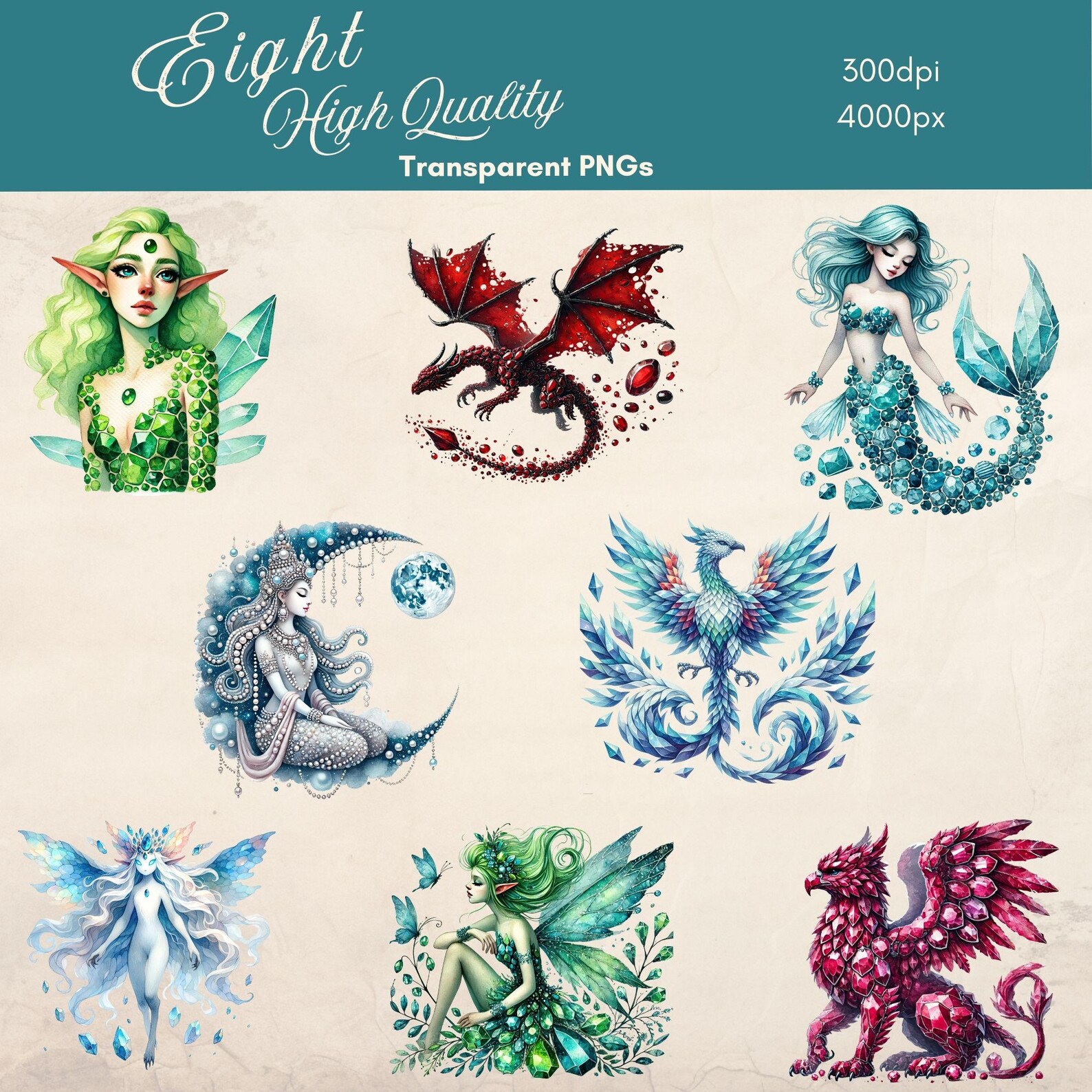 Mythical Gemstone Creature Clipart | Gemstone PNG | Watercolor Graphics ...