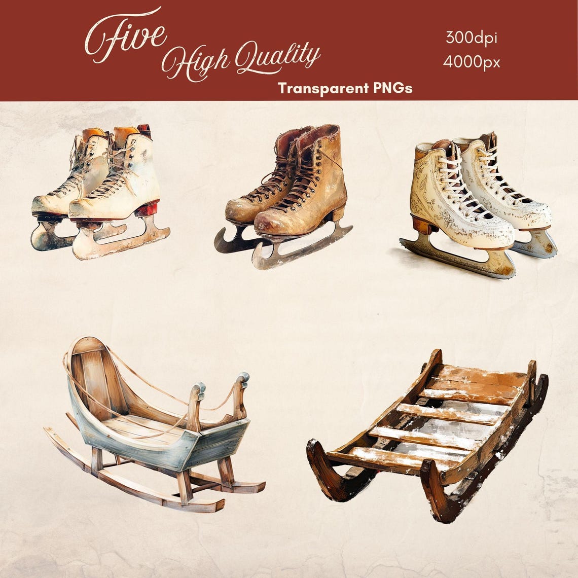 Antique Ice Skates & Sleds Clip Art | Vintage Christmas Winter Fun PNG ...